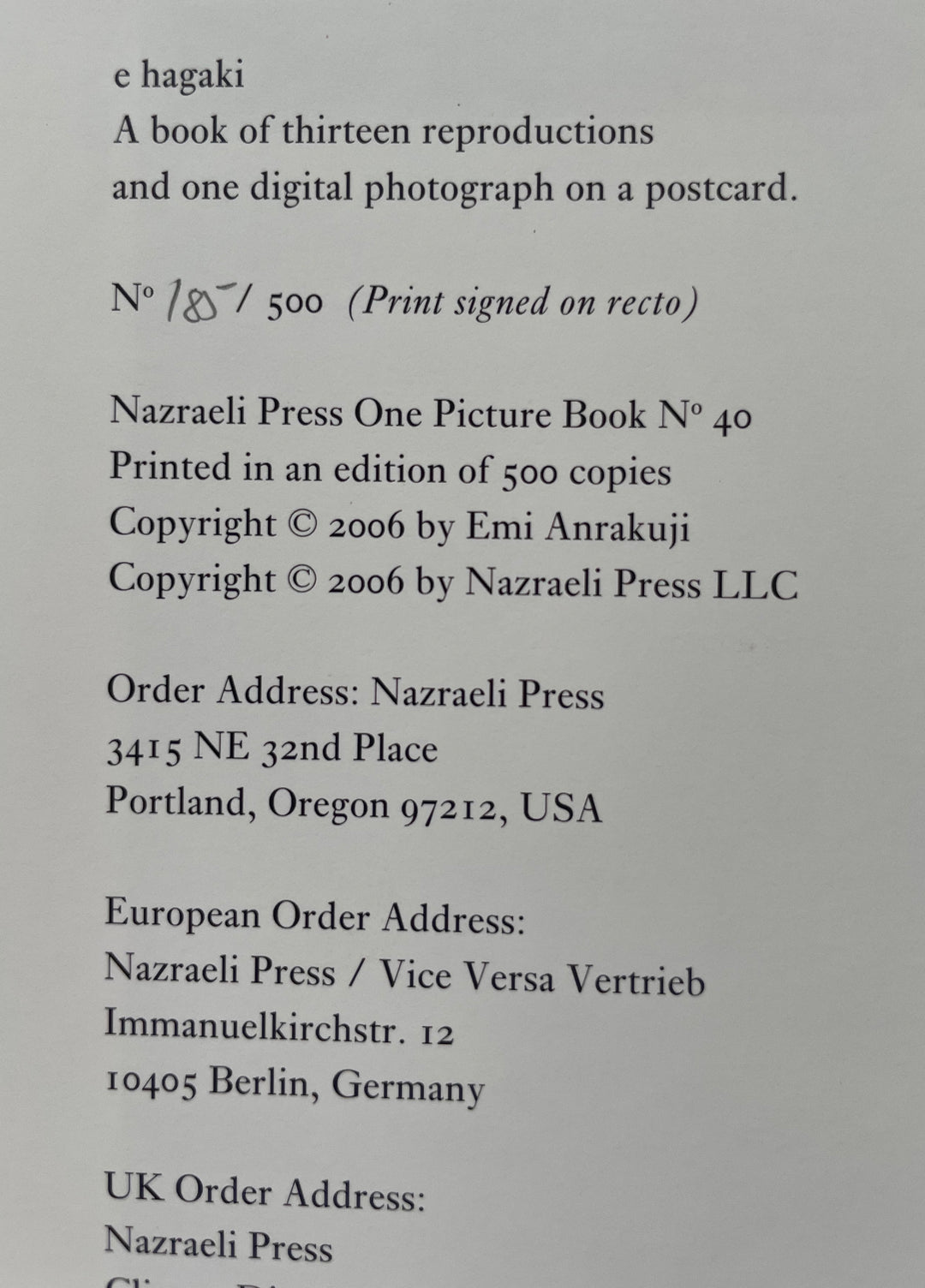 Buy e hagaki (One Picture Book) Emi Anrakuji with print Nazraeli – Setanta Books