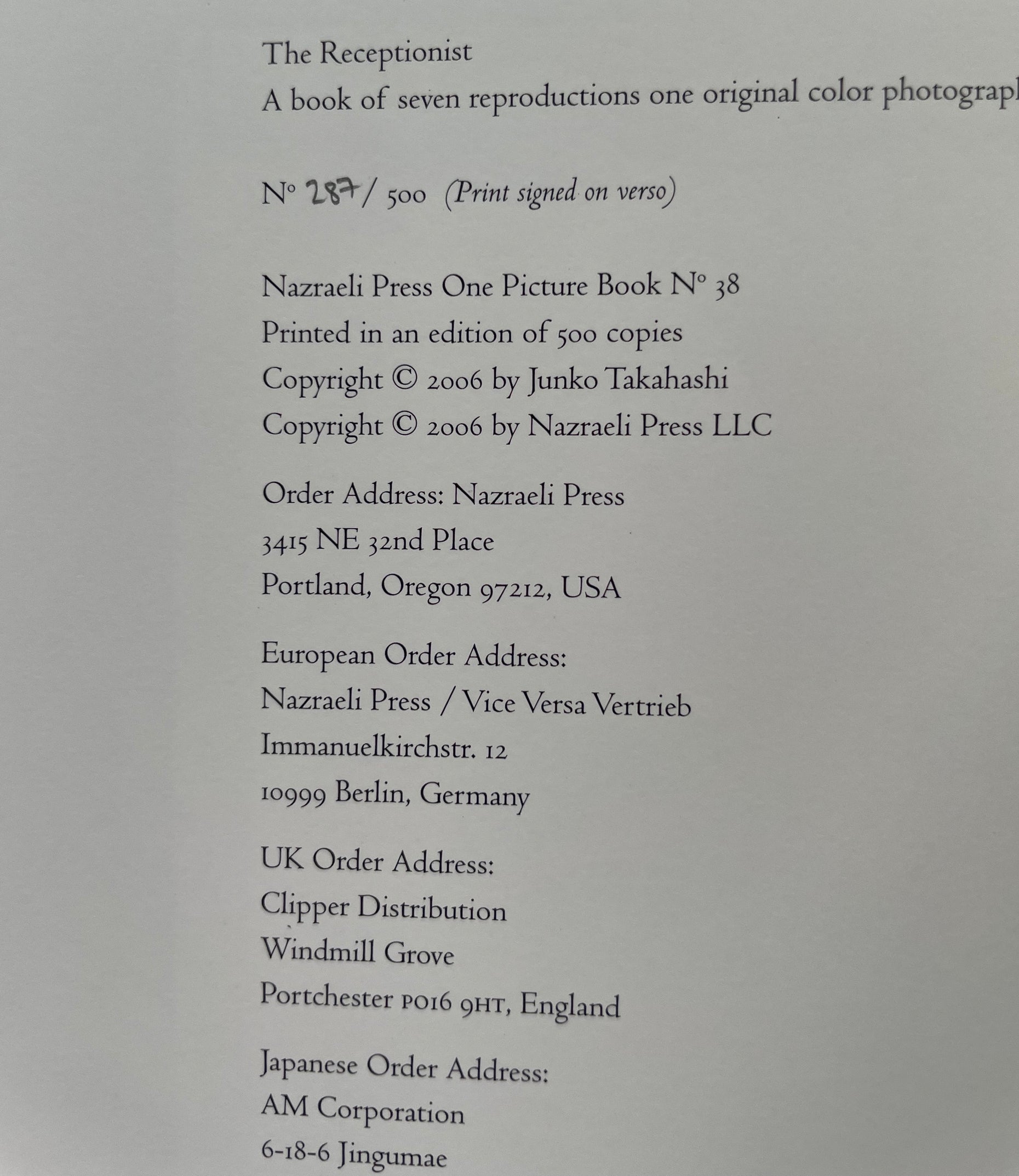 Buy The Receptionist (One Picture Book) Junko Takahashi Nazraeli with ...